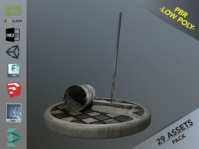 3D model Broom Brush and Bucket Pack VR / AR / low-poly | CGTrader