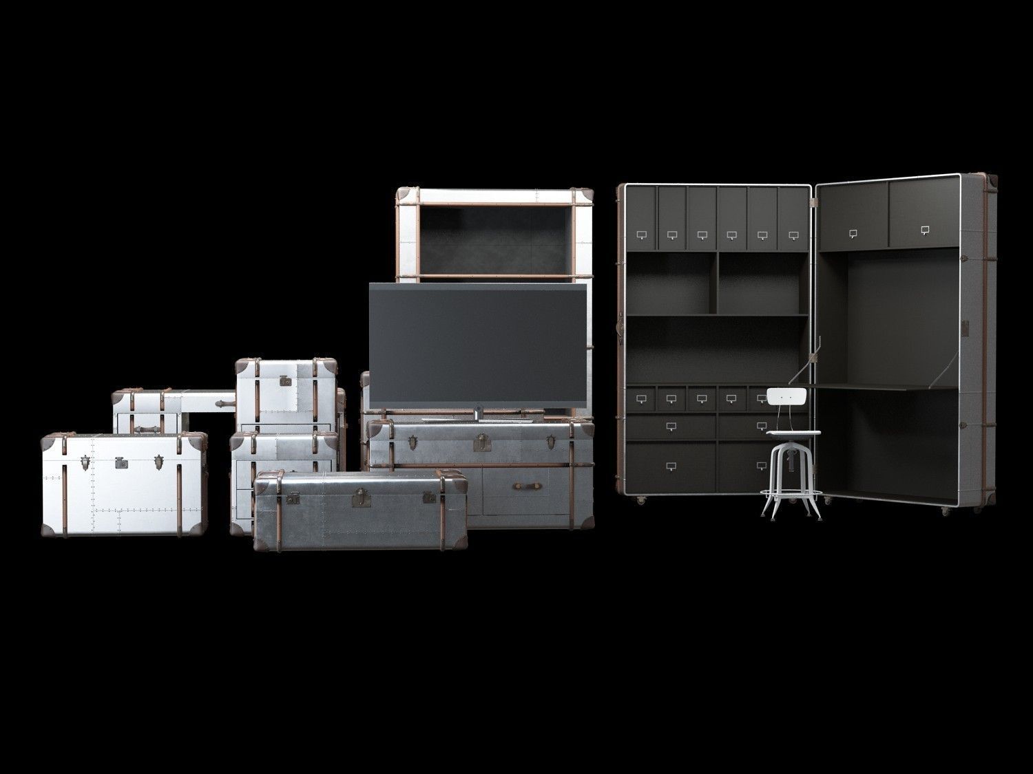 RICHARDS-TRUNK-METAL-Collection set of furniture in industria... 3D ...
