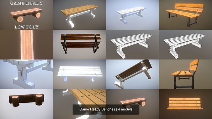 3D Model Collection Game Ready Benches wooden bench VR / AR / low-poly ...