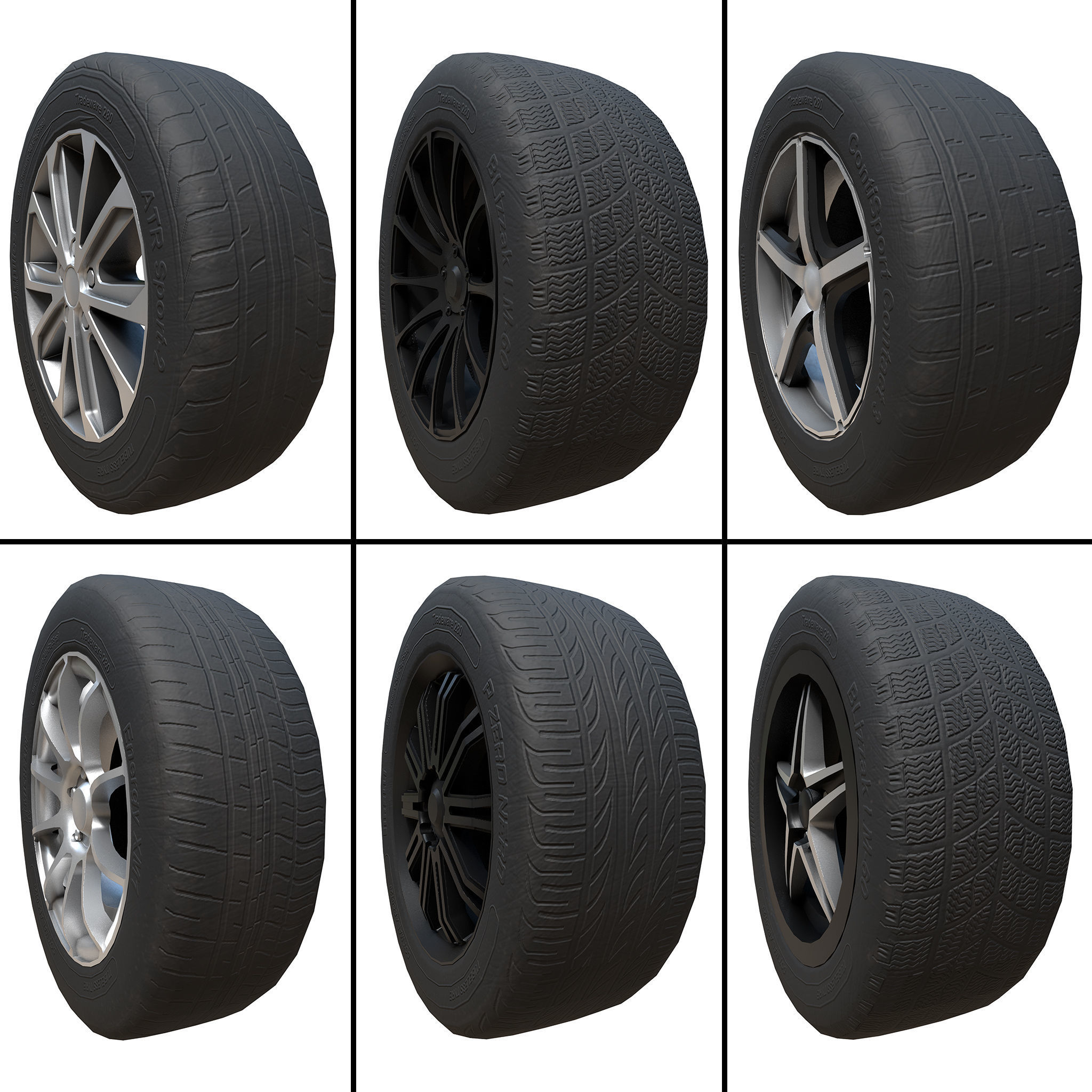 3D model Pack of Tyres and Alloys - 6 Alloy Wheels and 5 Tyre Textures ...