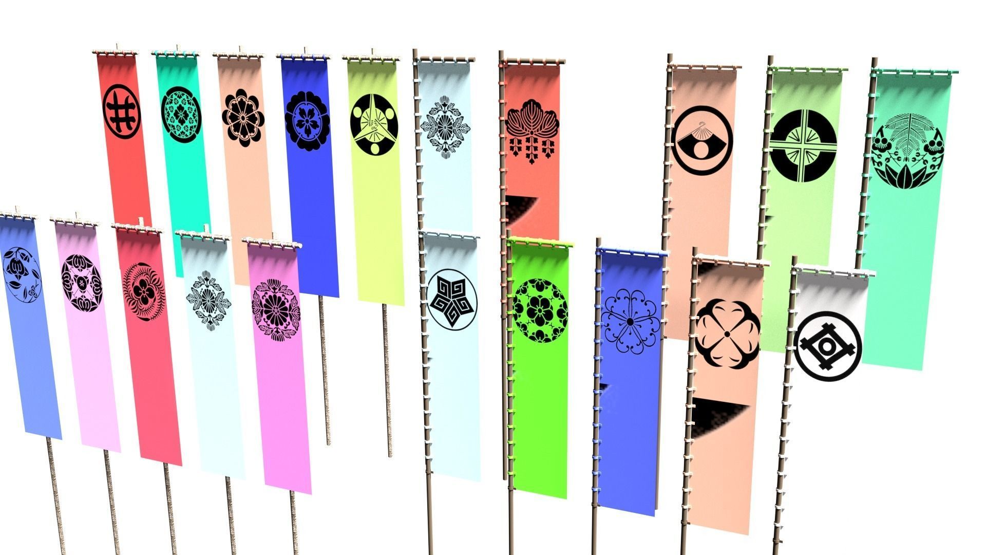 3D model Japanese Battle Flags Pack 2 Styles over 400 Crests HQ War VR ...