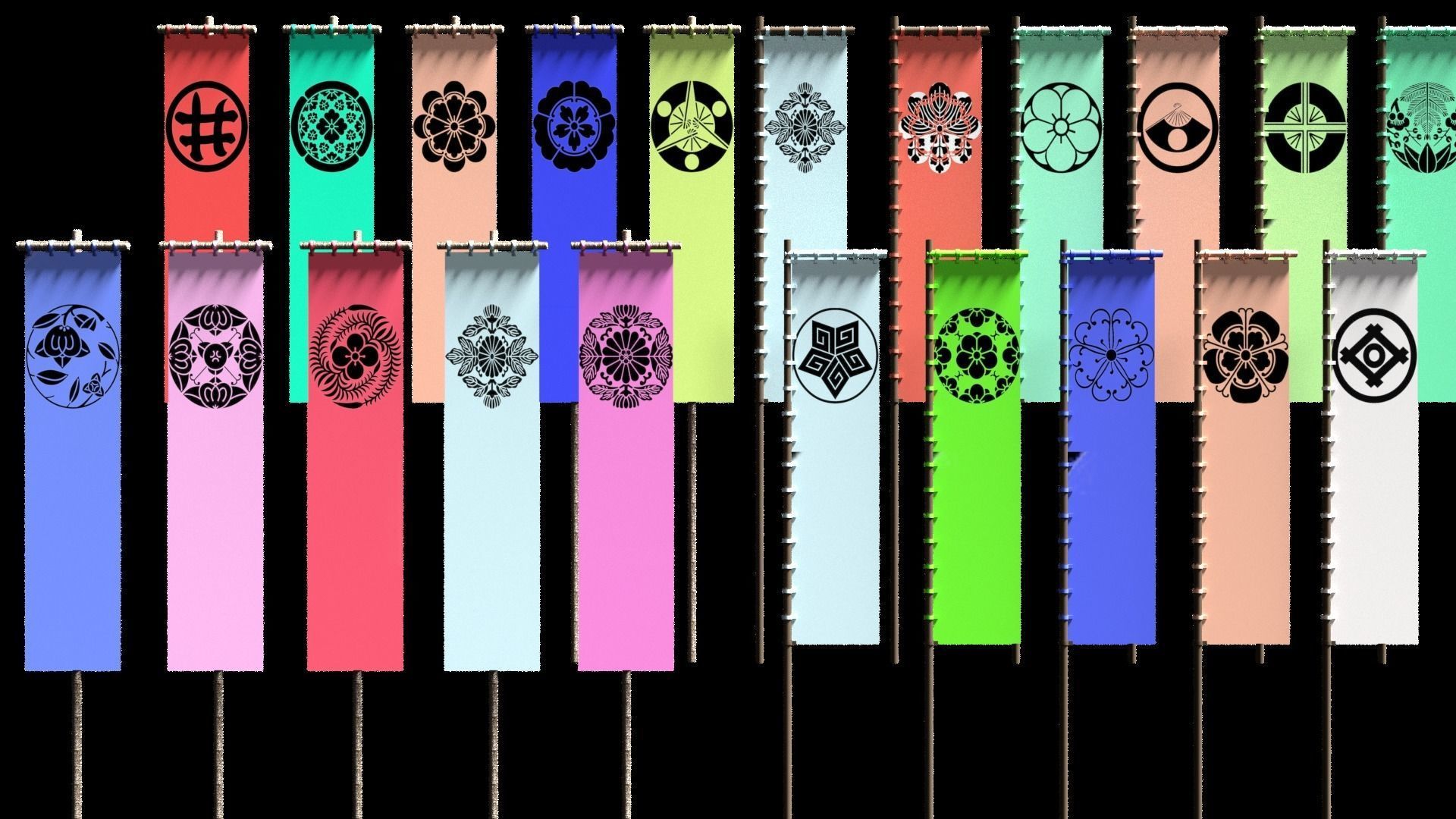 3D model Japanese Battle Flags Pack 2 Styles over 400 Crests HQ War VR ...