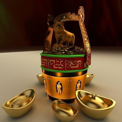 Chinese Gold Ingot bucket with Golden Pig 3D model | CGTrader