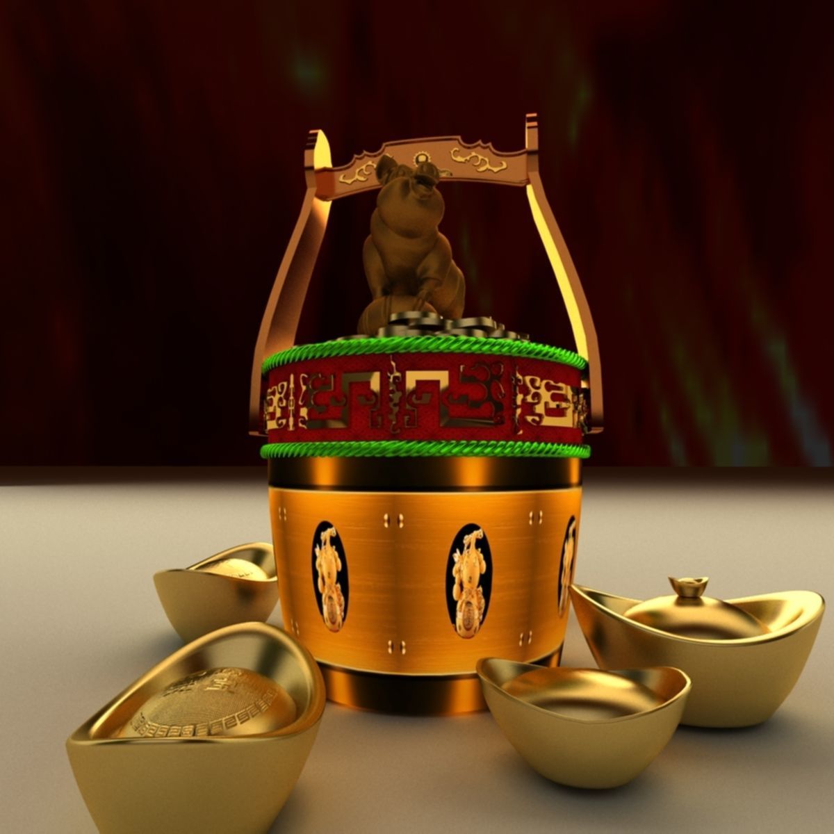 Chinese Gold Ingot bucket with Golden Pig 3D model | CGTrader