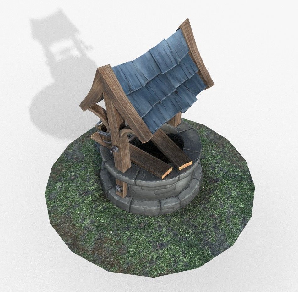 3D model Well low poly water in middle of grassy area VR / AR / low ...