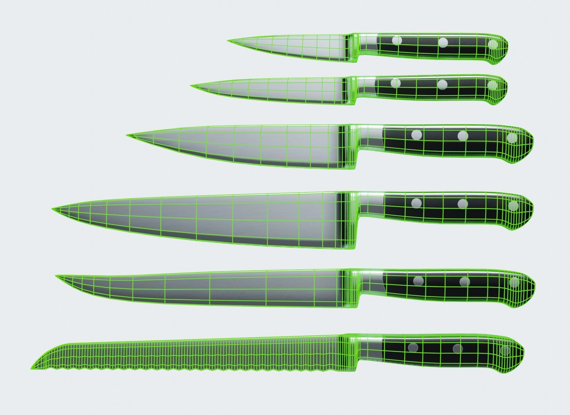 3D model kitchen knife set 4K Textures UV Mapping Polygonal Topology VR ...