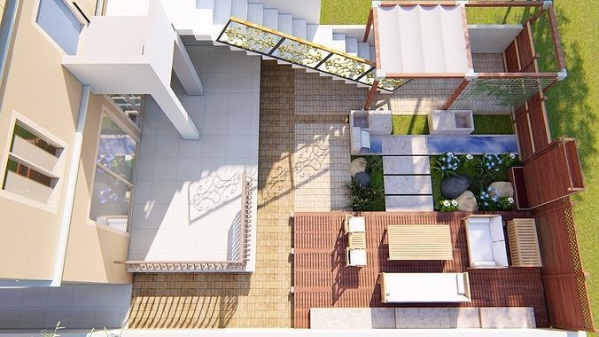 Backyard landsacpe design of modern house with sitting 3D model | CGTrader