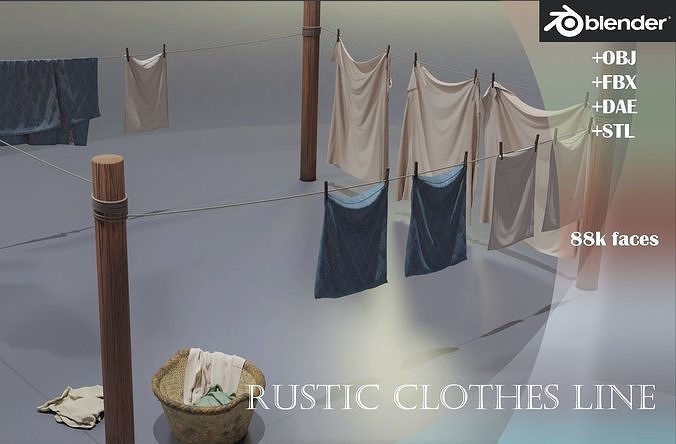 3D model Clothes Line with Laundry Basket and Hanging Linens VR / AR ...