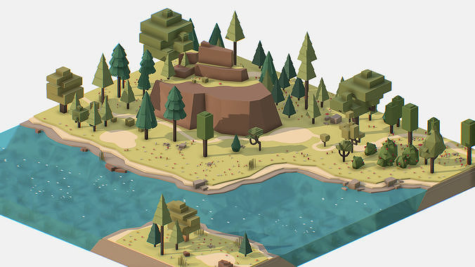 3D model Isometric style summer mountain landscape river VR / AR / low ...