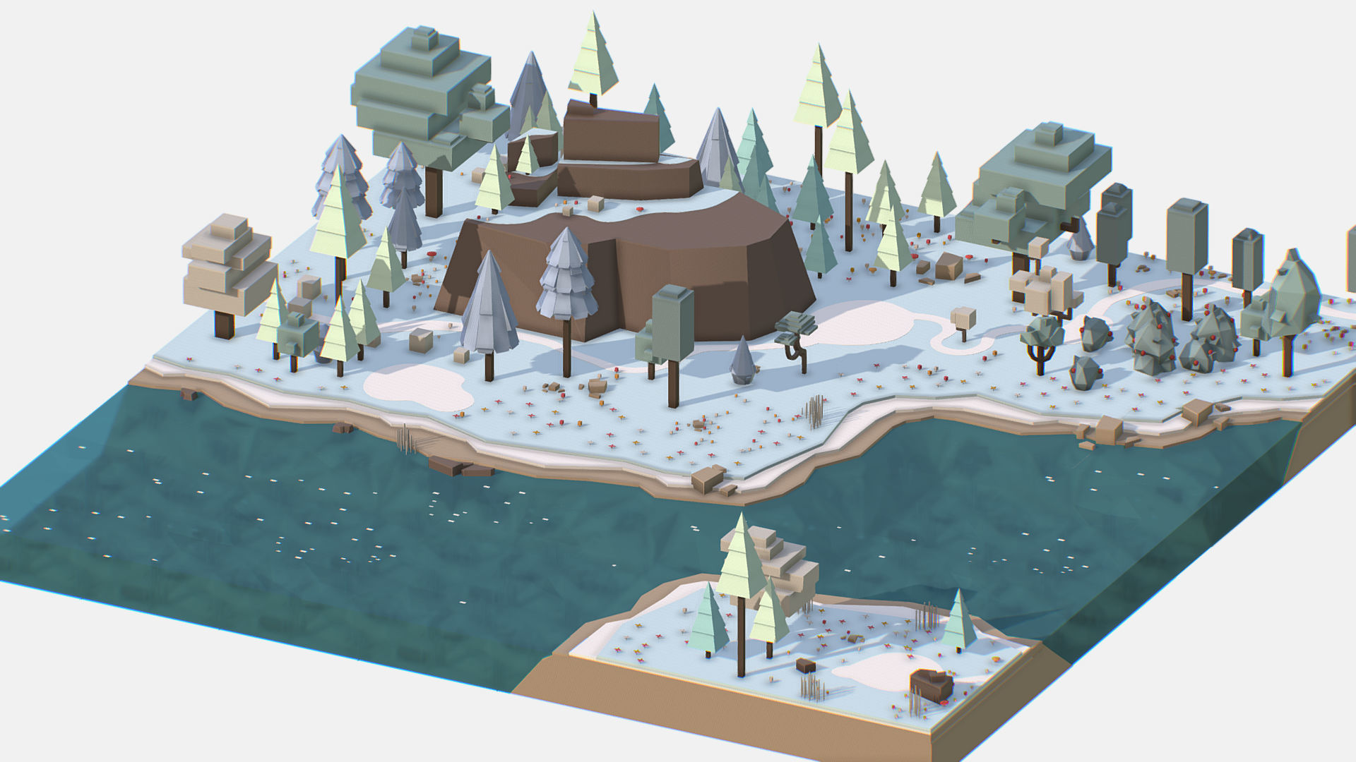 3D model Isometric style winter mountain landscape river