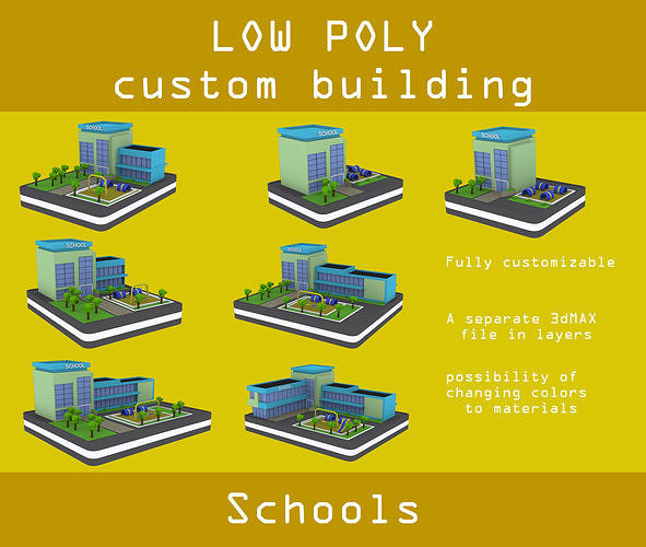 3D model schools low poly pack VR / AR / low-poly | CGTrader