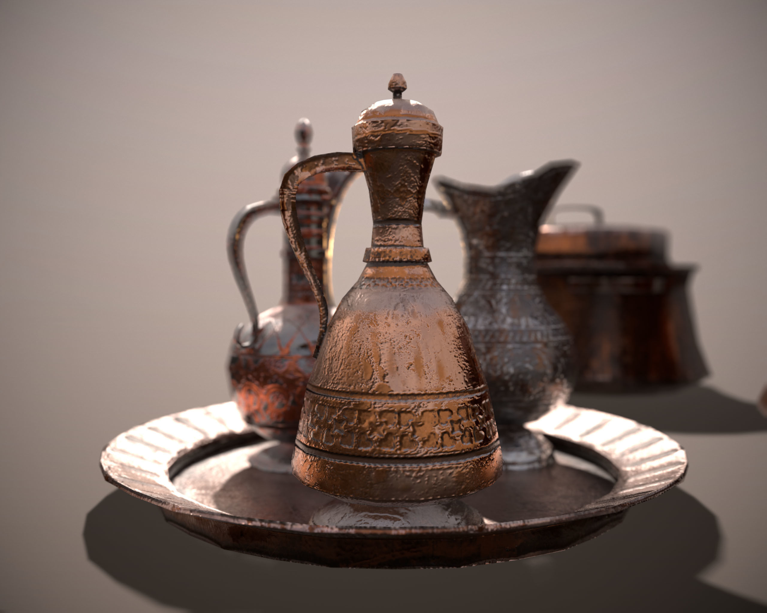 3D model copper Dishes and pitcher Low poly PBR game ready VR / AR ...