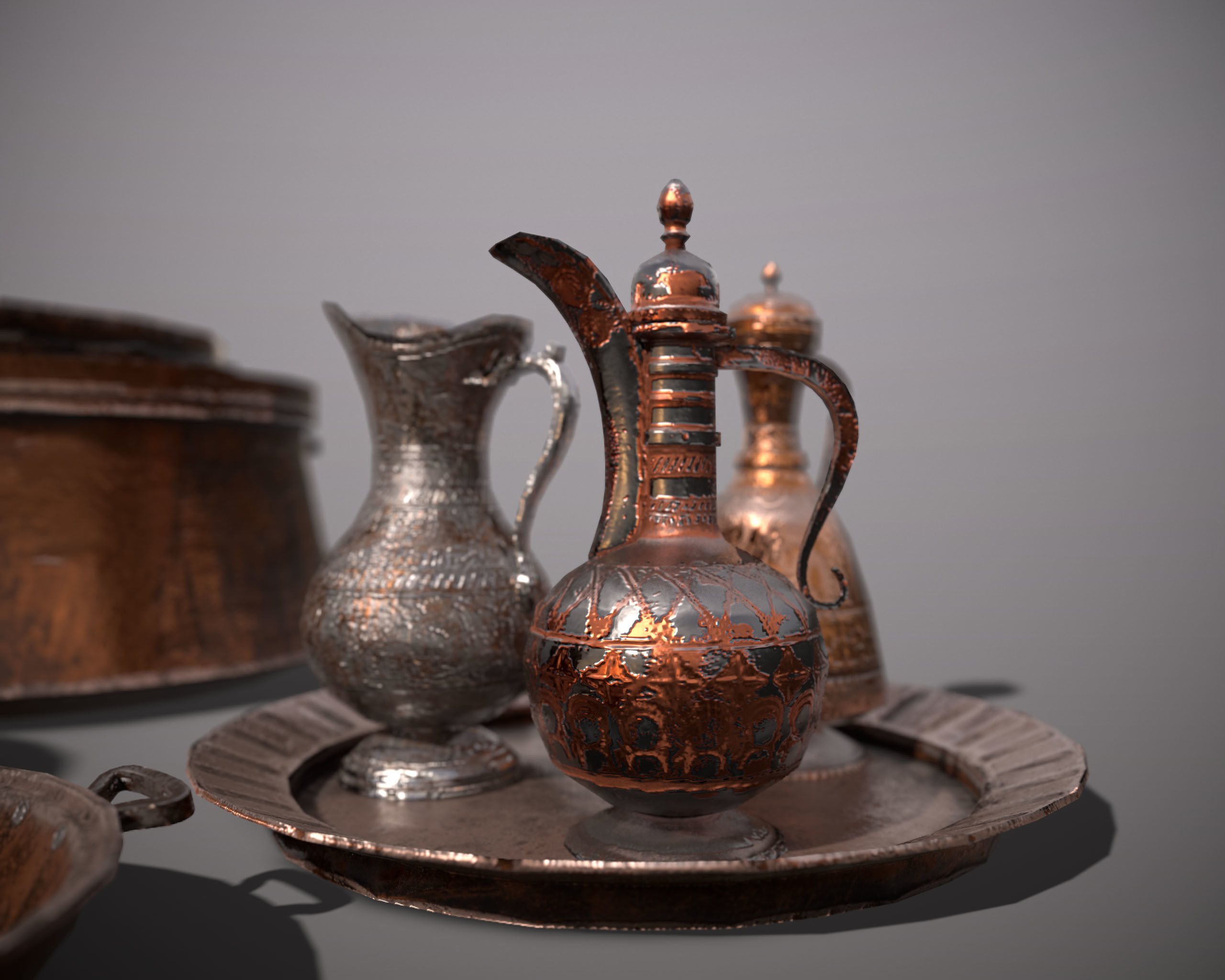 3D model copper Dishes and pitcher Low poly PBR game ready VR / AR ...