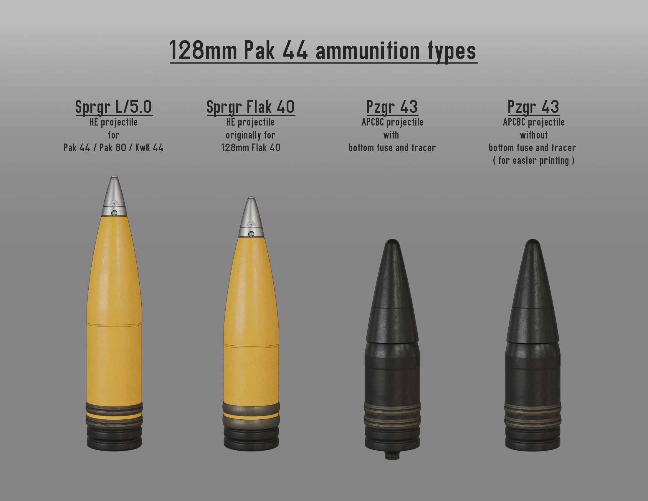128mm Pak 44 - KwK 44 Patronen --- 1-4 to 1-48 scale models --- 3D ...