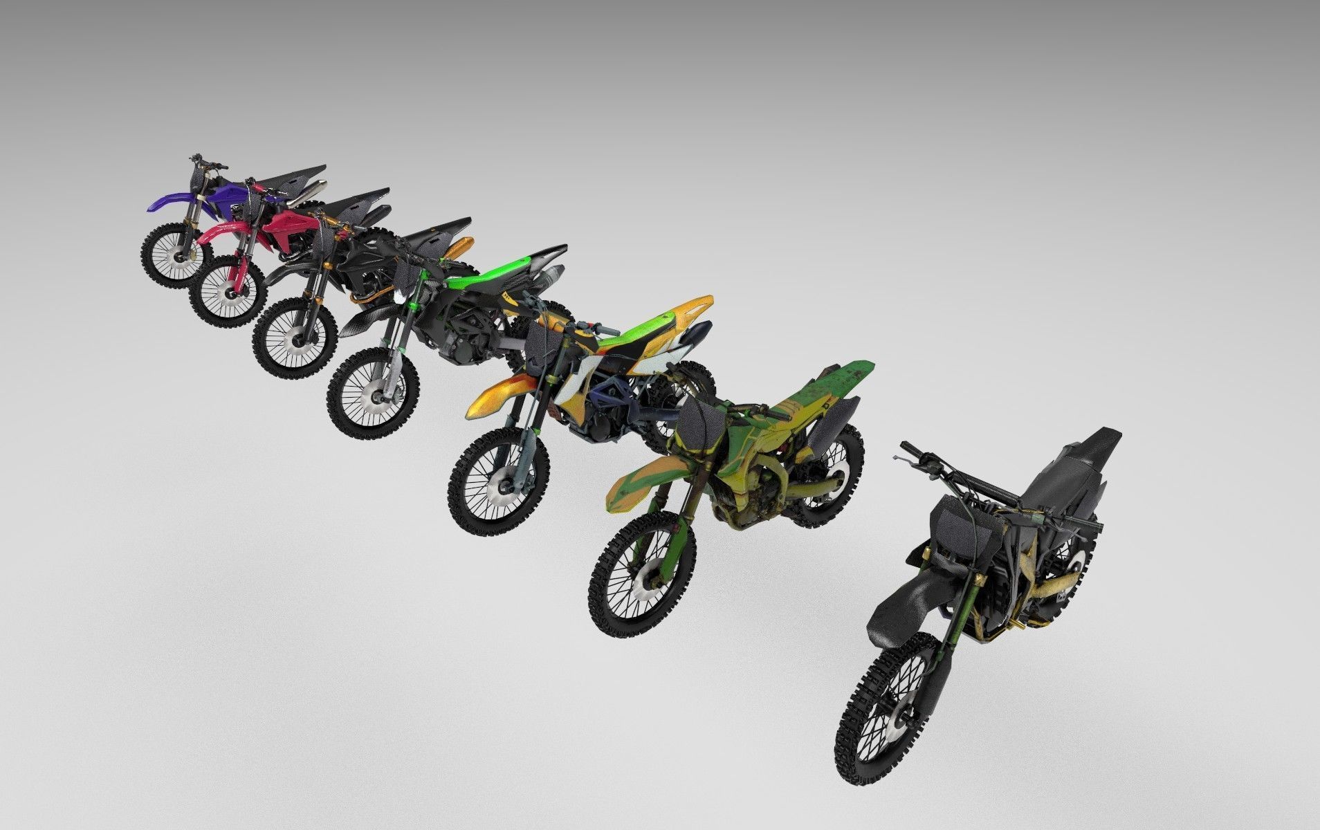3D model Pack Of 7 low poly game ready Dirt bikes VR / AR / low-poly ...