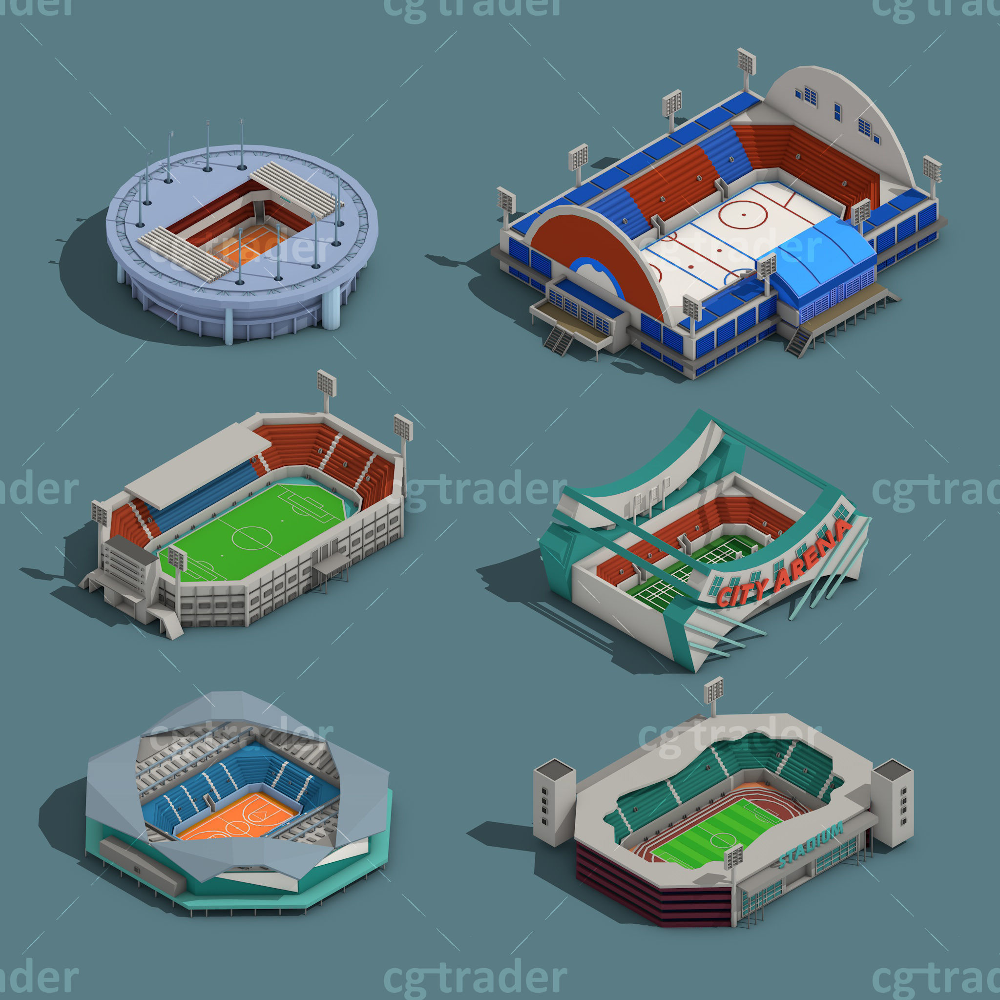 3D model Low Poly Stadium Set Isometric Icon VR / AR / low-poly | CGTrader