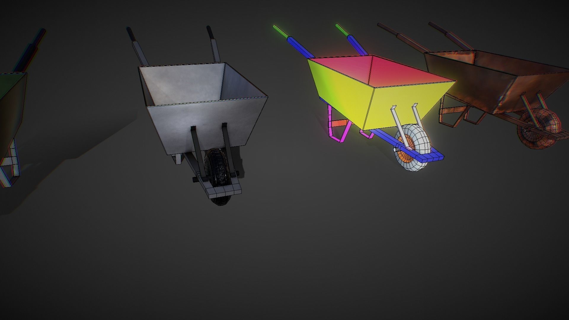 3D model Whellbarrow 3d low poly model different colored wheelbarrows ...