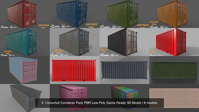 3D Model Collection 9 Colourfull Container Pack PBR Low-Poly Game Ready ...