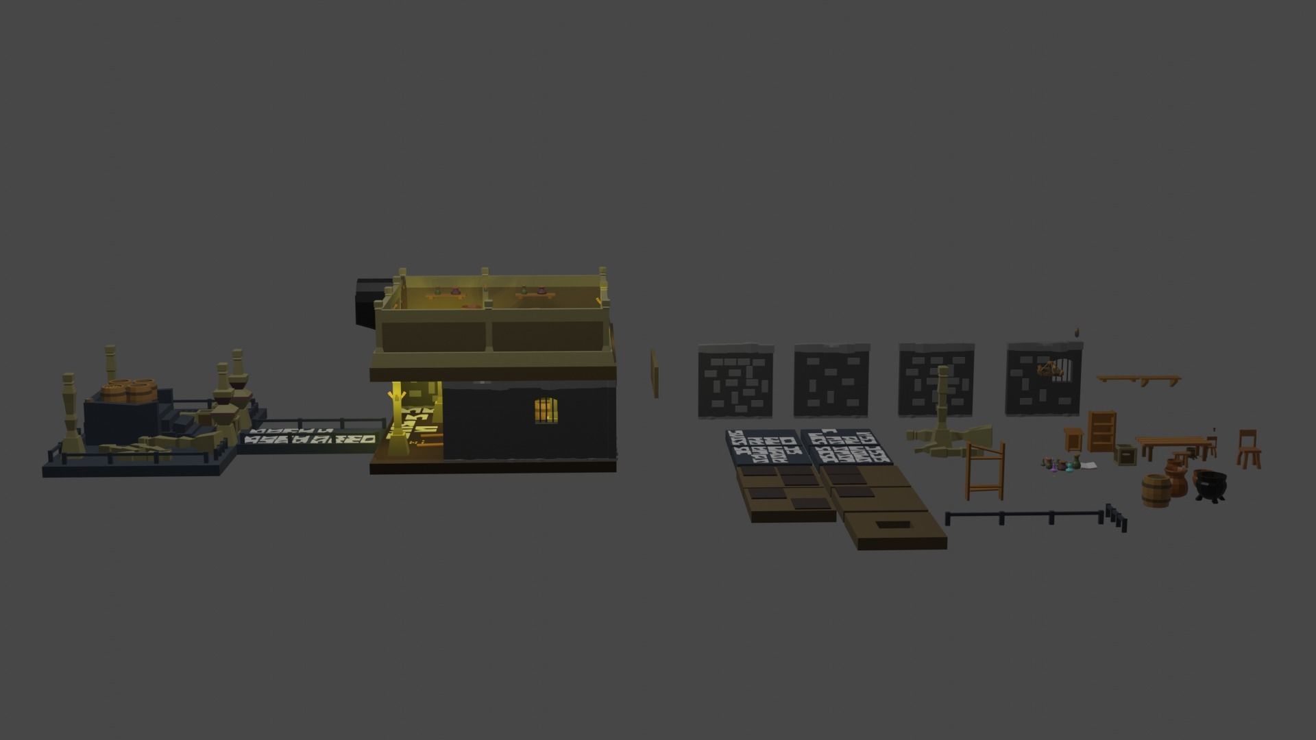 3D model low poly dungeon lego building with lights and furniture VR ...