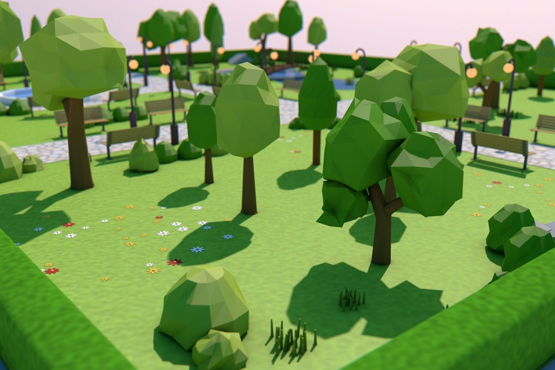 3D model Low Poly Park with trees and pond VR / AR / low-poly | CGTrader