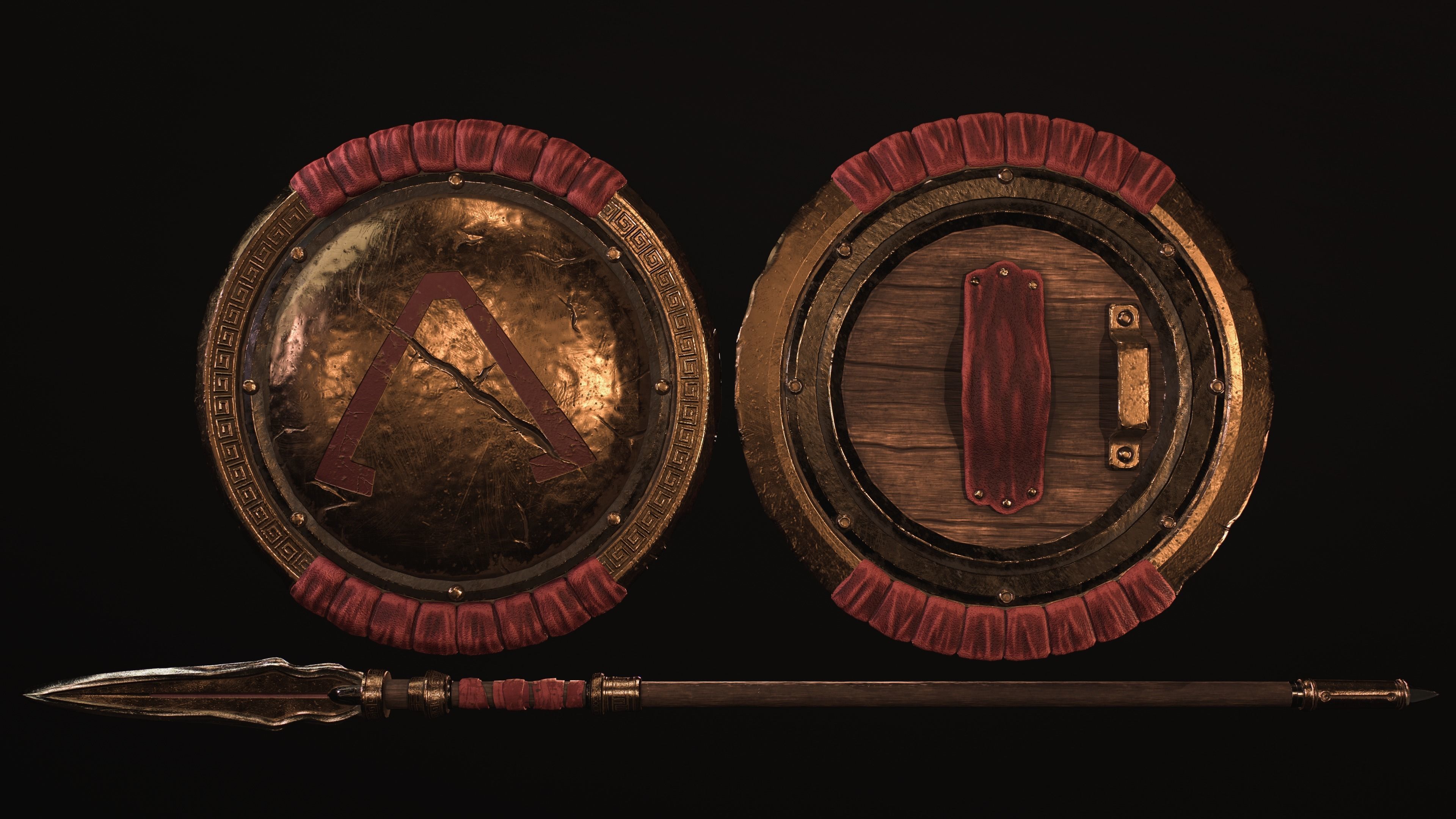 3D model Spartan Shield and Spear Low-poly Game-ready VR / AR / low ...