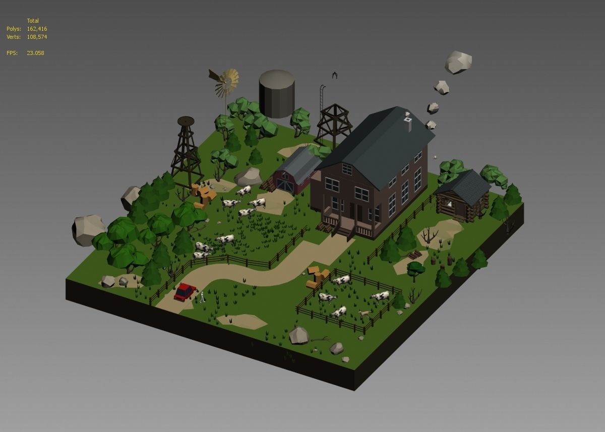 low poly farm with animals and trees 3D model | CGTrader