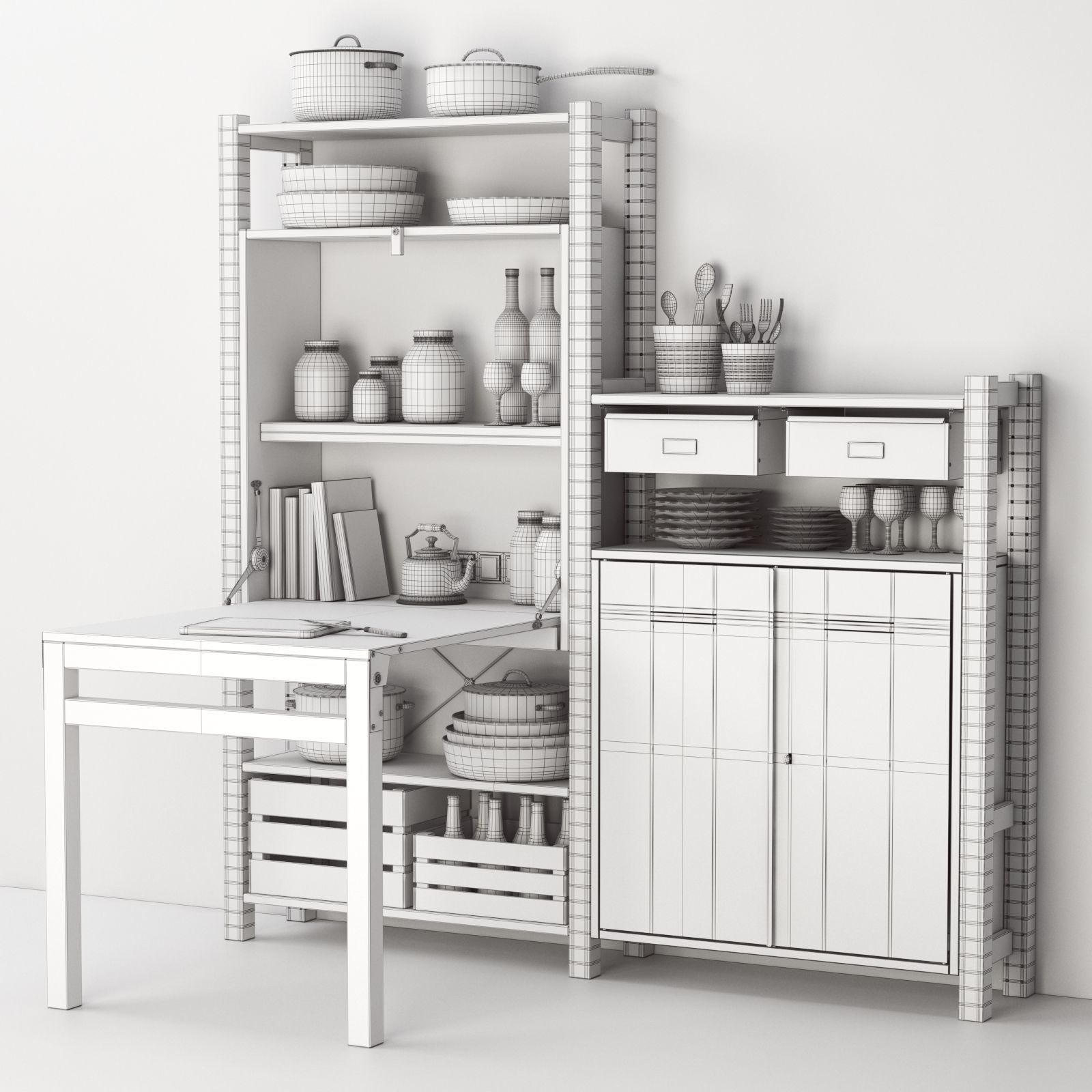 IVAR Shelving with table cabinets and kitchen decor set 3D model | CGTrader
