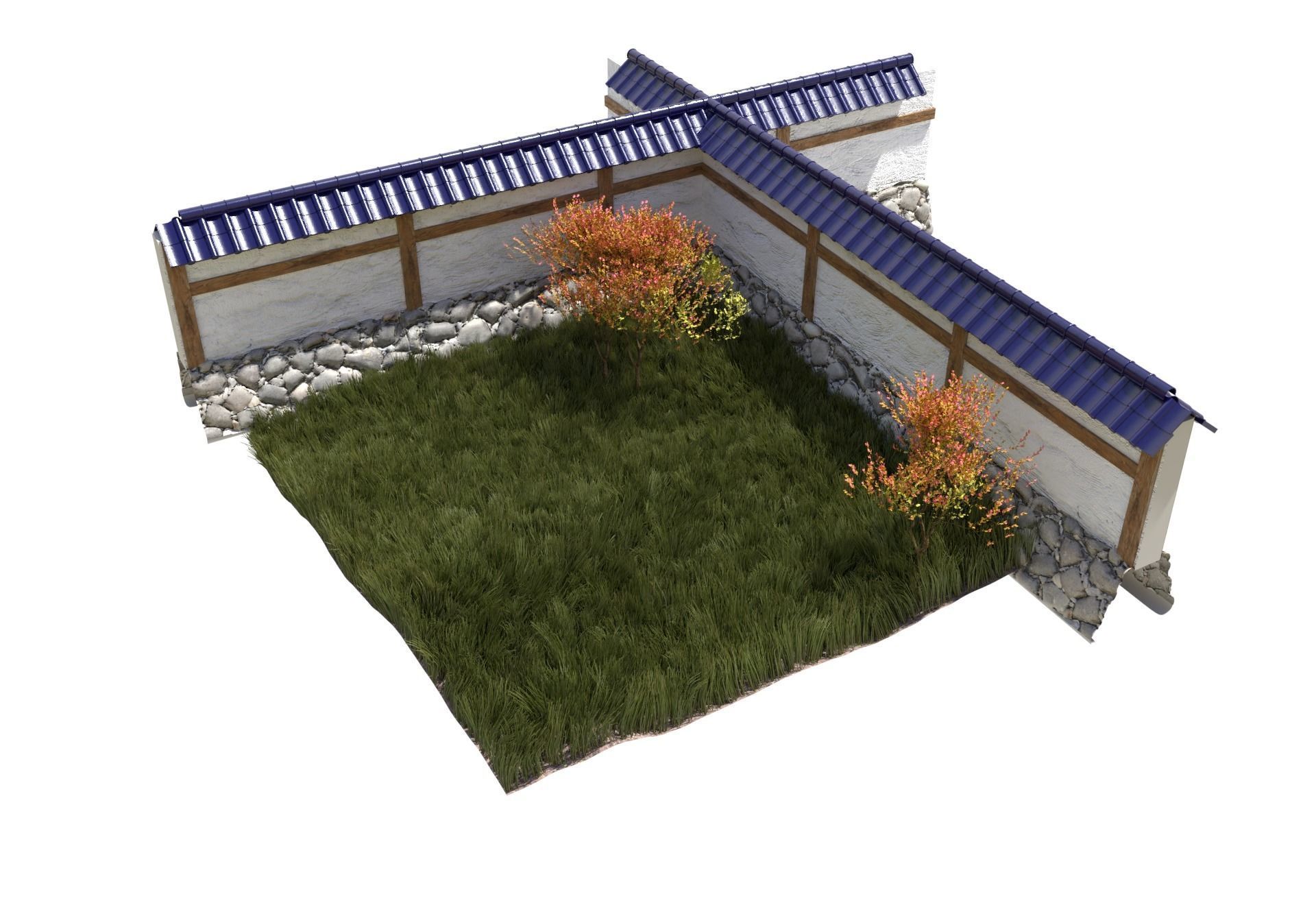 3D model Japanese garden with wall bushes and gras 3D model VR / AR ...