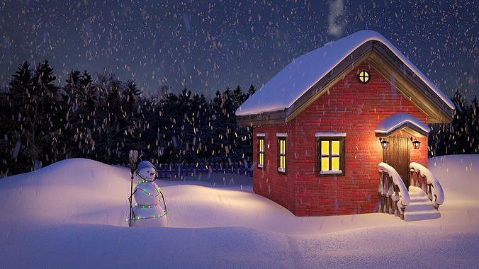 Falling Snow and Small House 3D model animated | CGTrader
