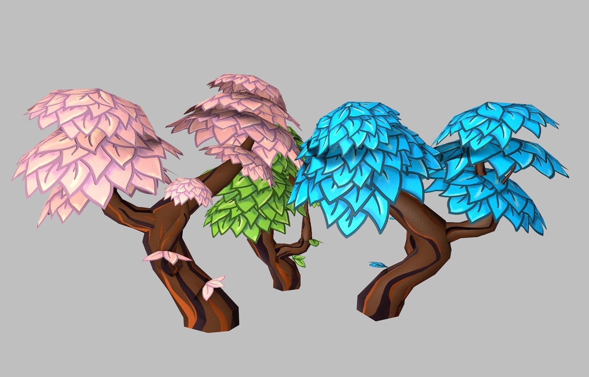 3D model Low poly hand painted stylized cartoon style tree set VR / AR ...