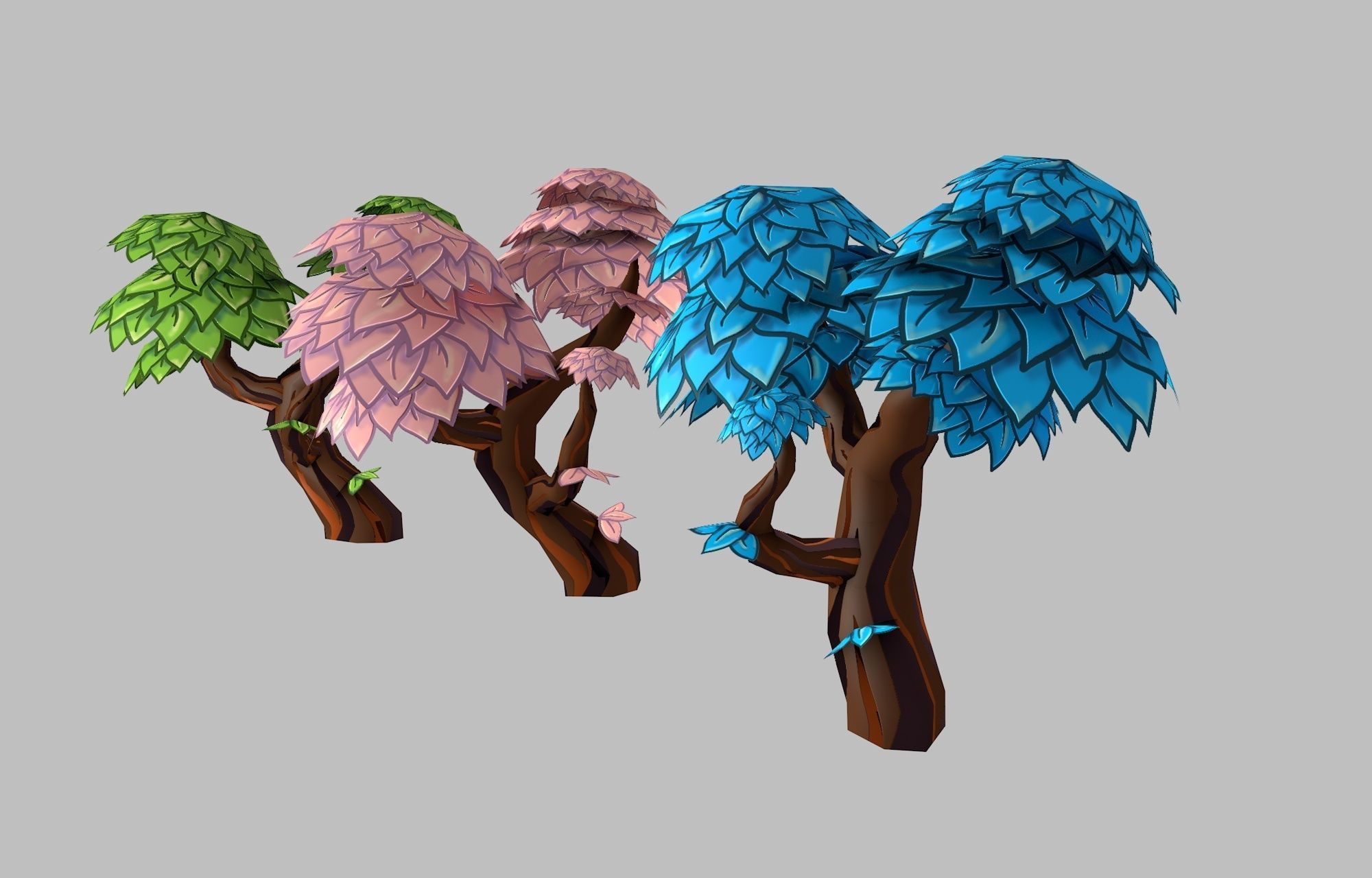 3D model Low poly hand painted stylized cartoon style tree set VR / AR ...