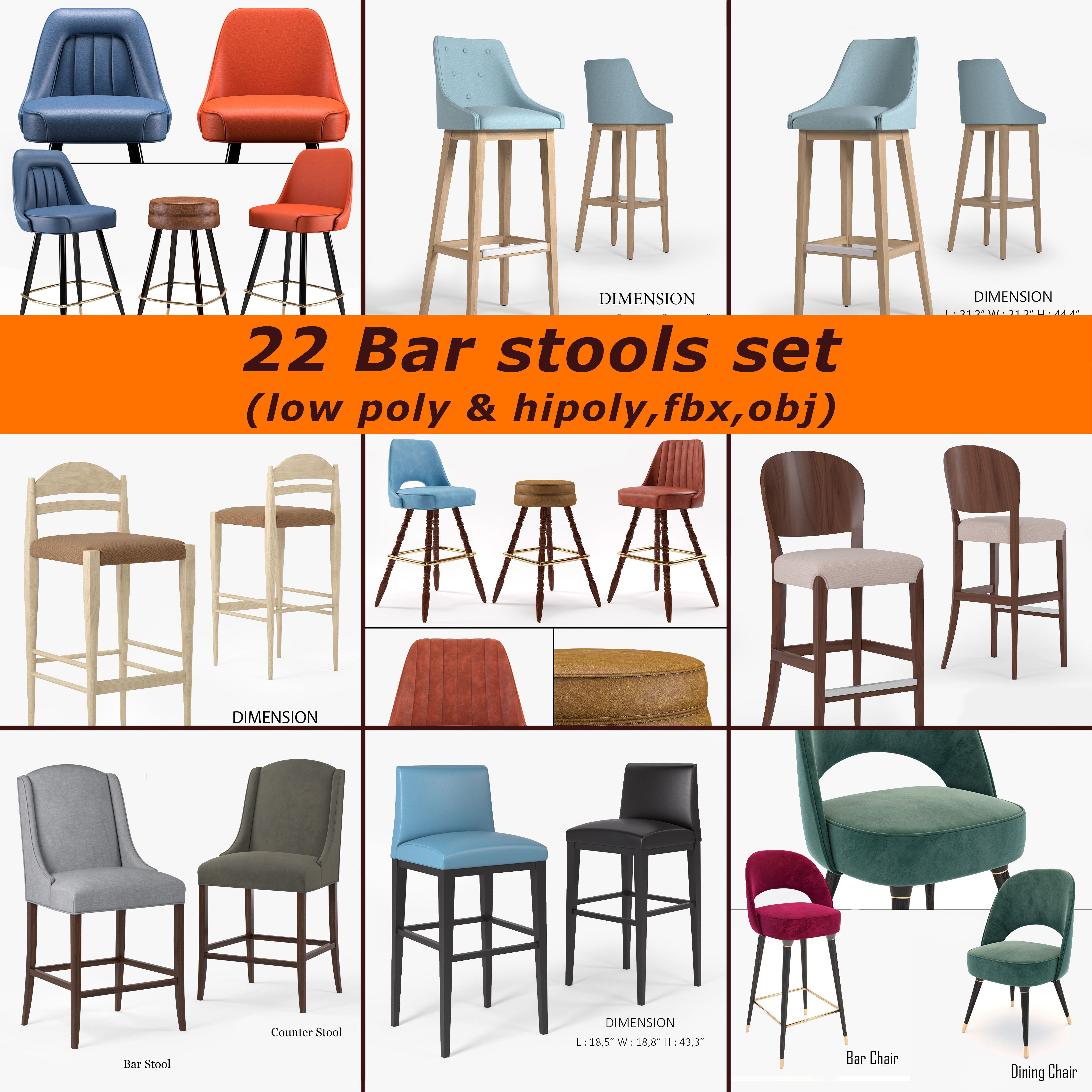 3D model 22 Bar stool sets 01 VR / AR / low-poly | CGTrader
