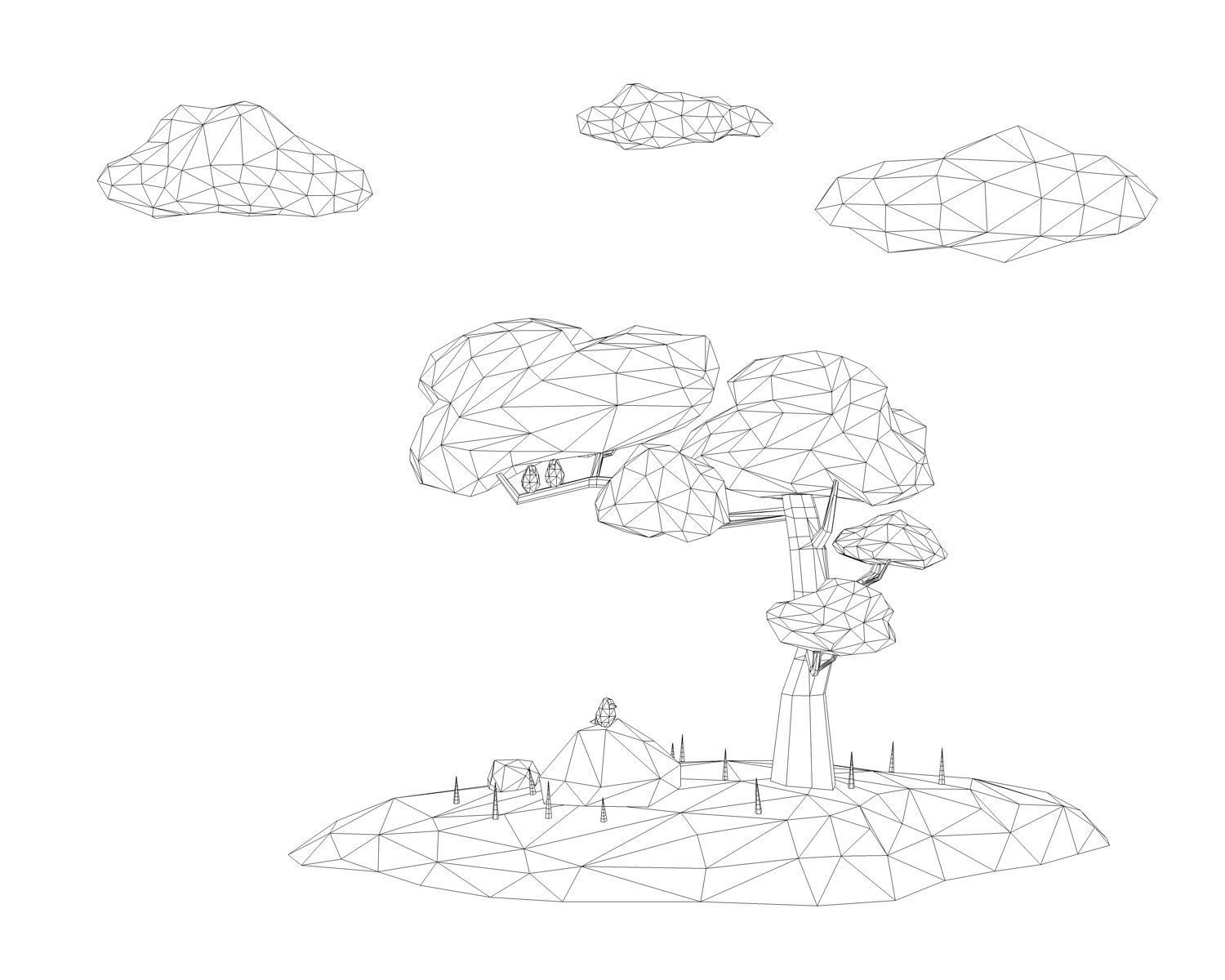 3D model Tree low poly cherry on island with clouds VR / AR / low-poly ...