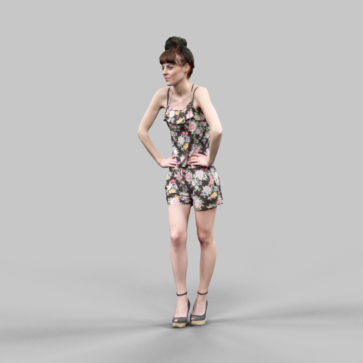 3D model Fashion girl in flower pattern dress posing VR / AR / low-poly ...