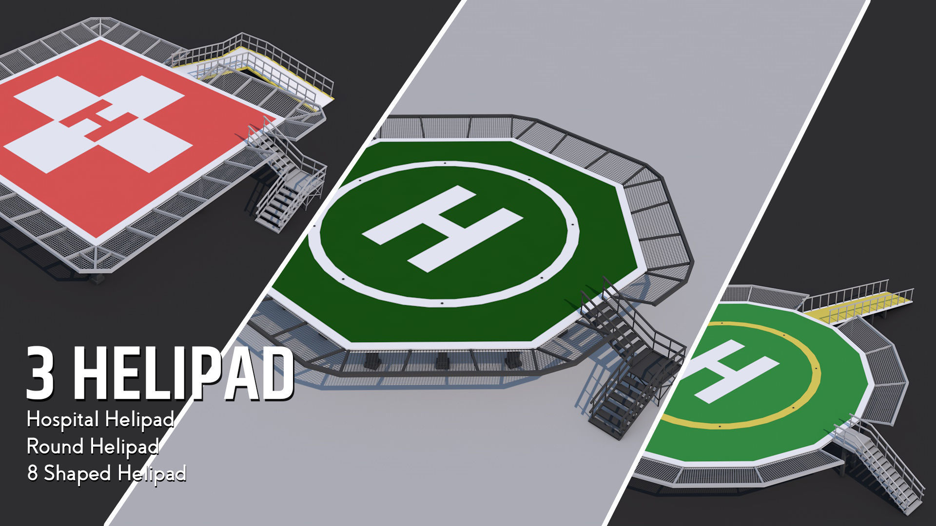 3D model 3 Helipad - Rooftop Elements VR / AR / low-poly | CGTrader