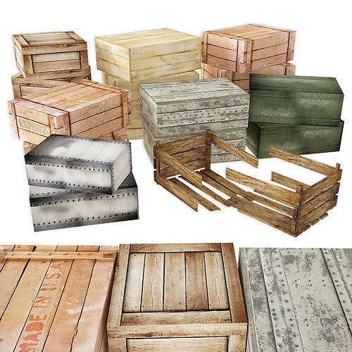Collection of wooden and metal boxes with realistic textures 3D model ...