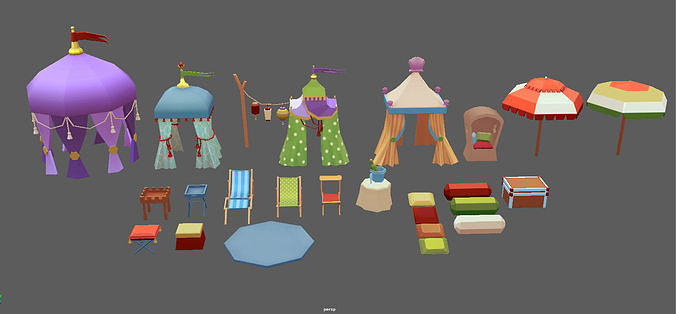 3D model Stylized Cartoon Beach Tents set VR / AR / low-poly | CGTrader