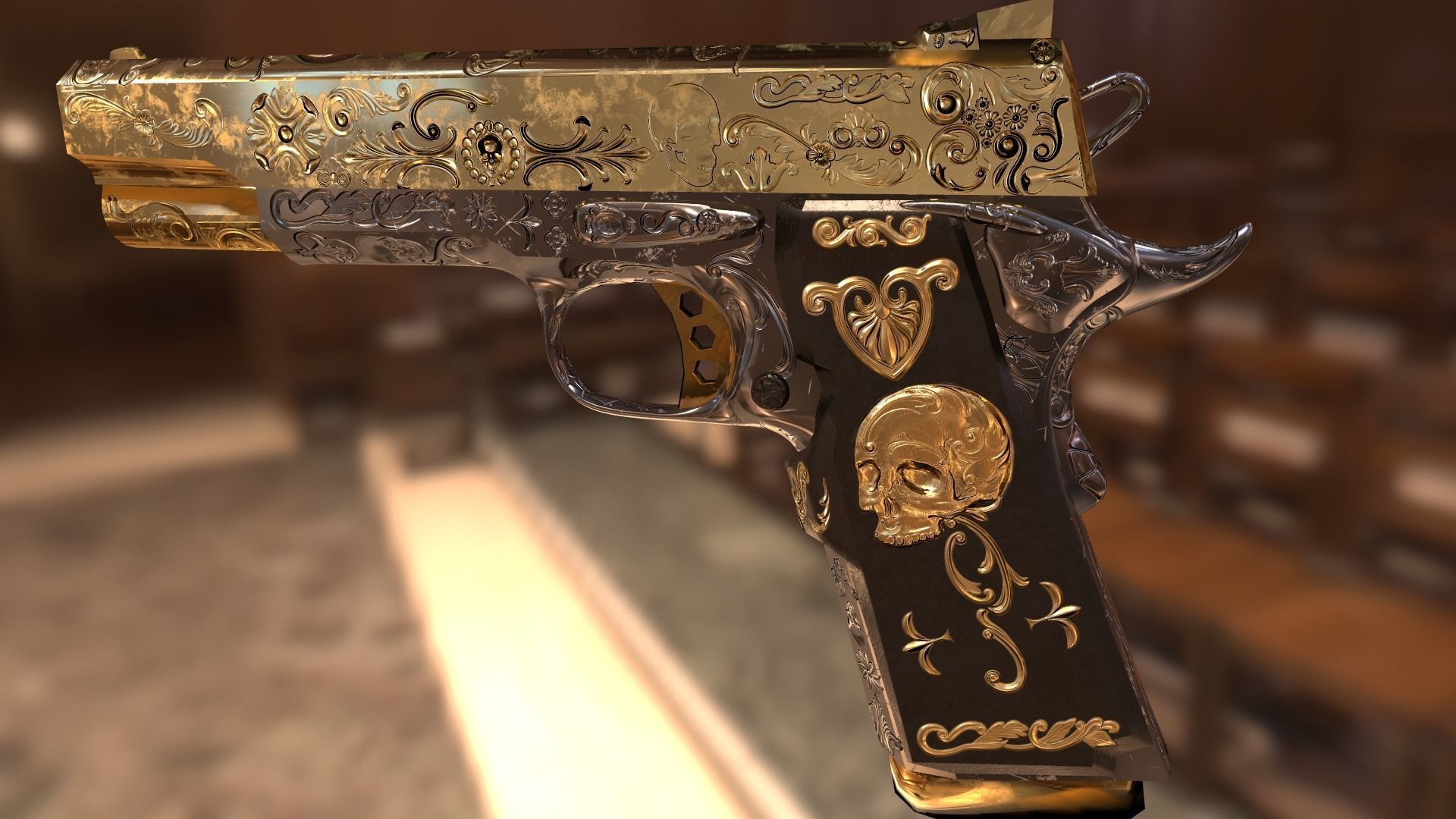 3D model Pistol Gun Engraved Low-poly 3D model PBR glFT VR / AR / low ...