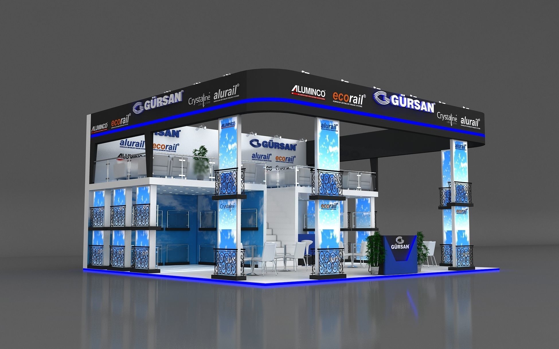 3D Exhibition Stand 10x9m Height 500 cm 3 Side Open