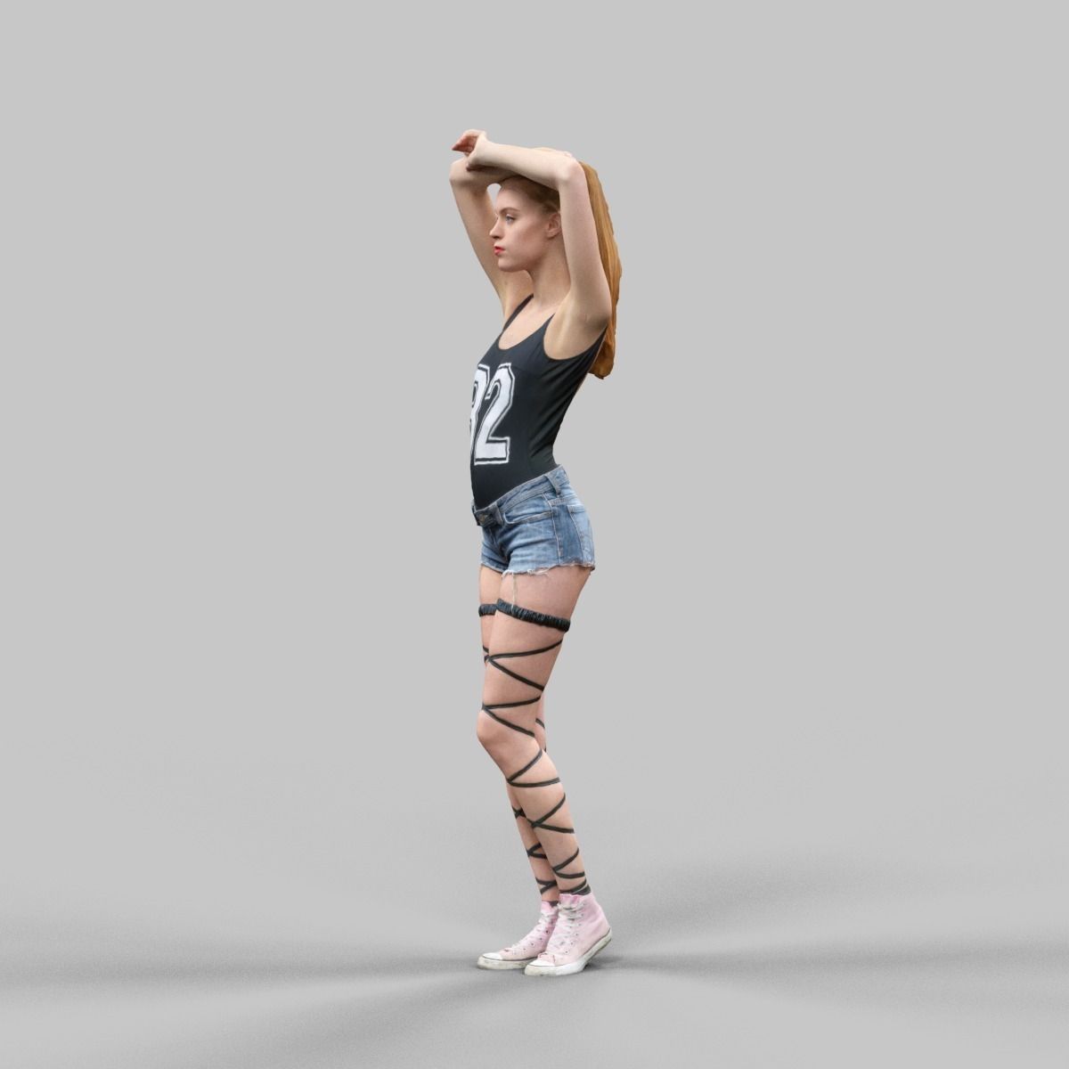 3D model Girl in Jeans Short Strings and 82 Tshirt Posed Hands on Head ...