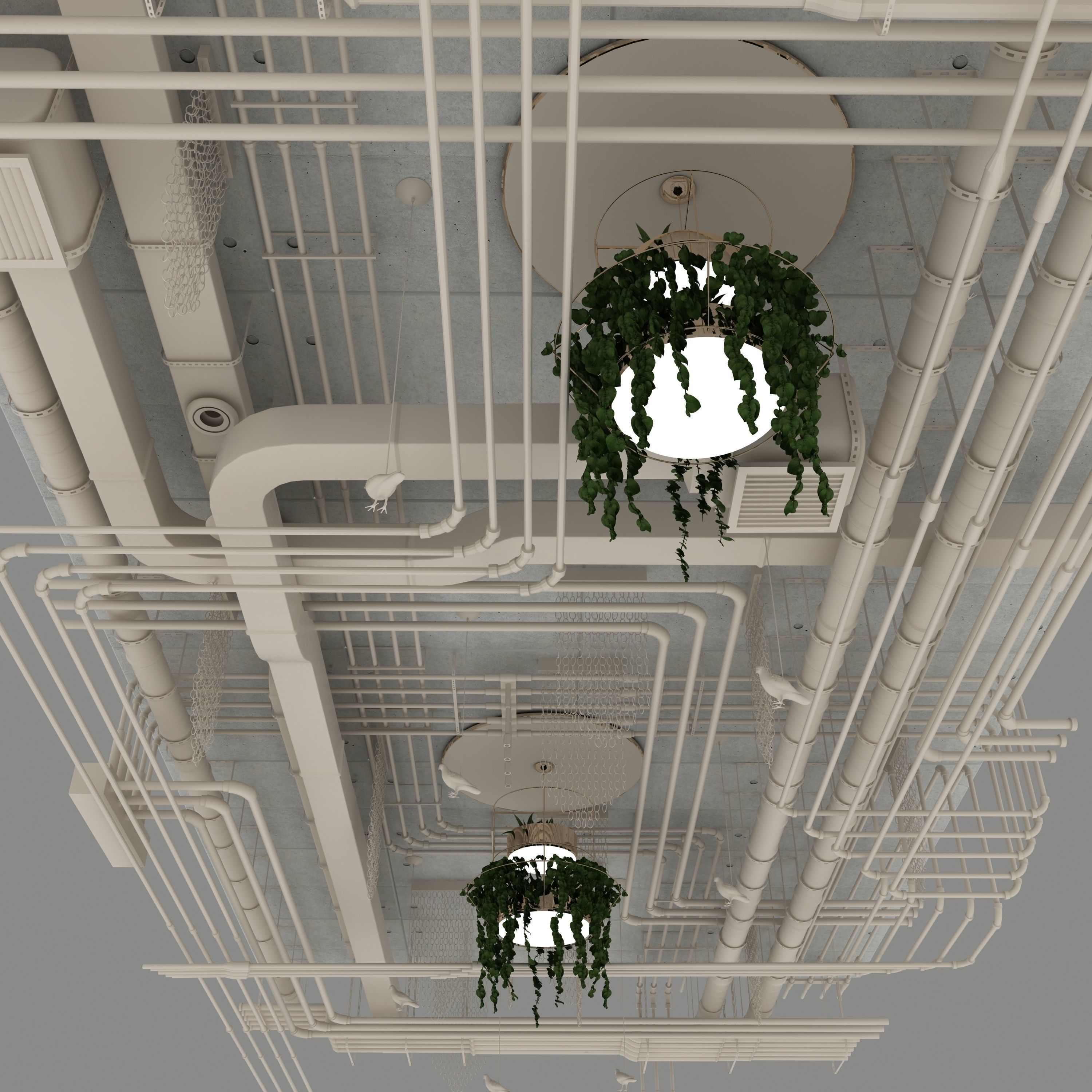 Pipes industrial ceiling with plants chandelier 3D model | CGTrader