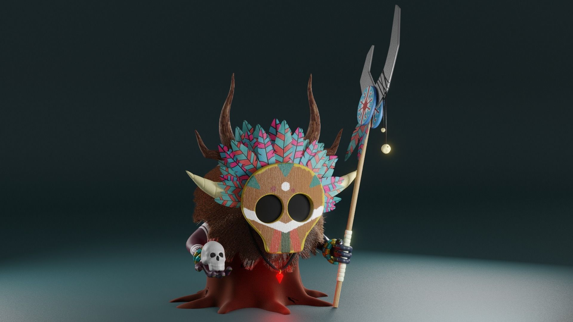 Shaman cartoon character with horns and spear 3D model | CGTrader