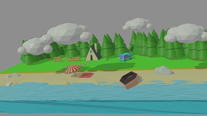 3D model low poly beach island with trees and canoe VR / AR / low-poly ...