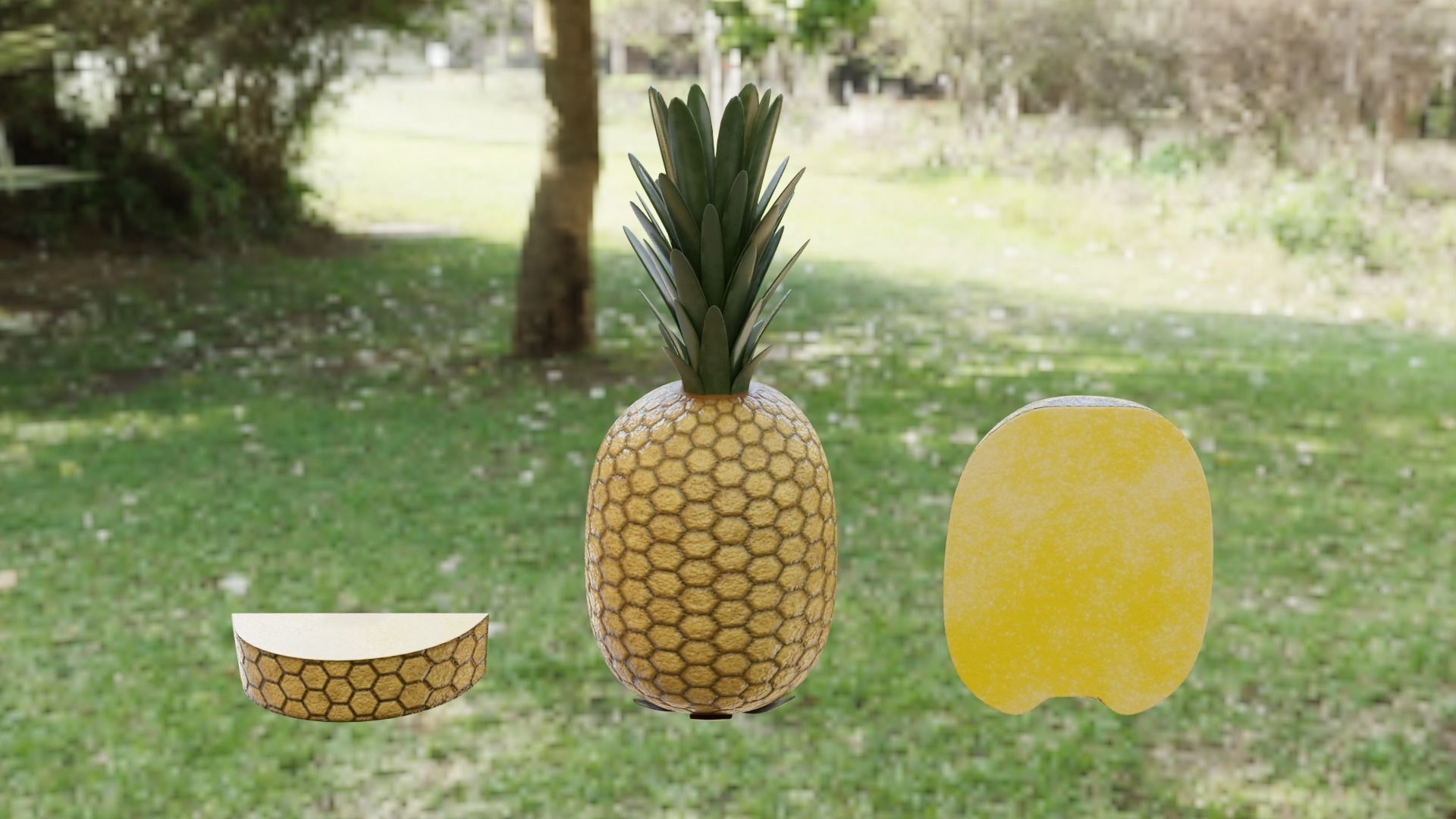 3D model Pineapple three pineapples on grassy area VR / AR / low-poly ...