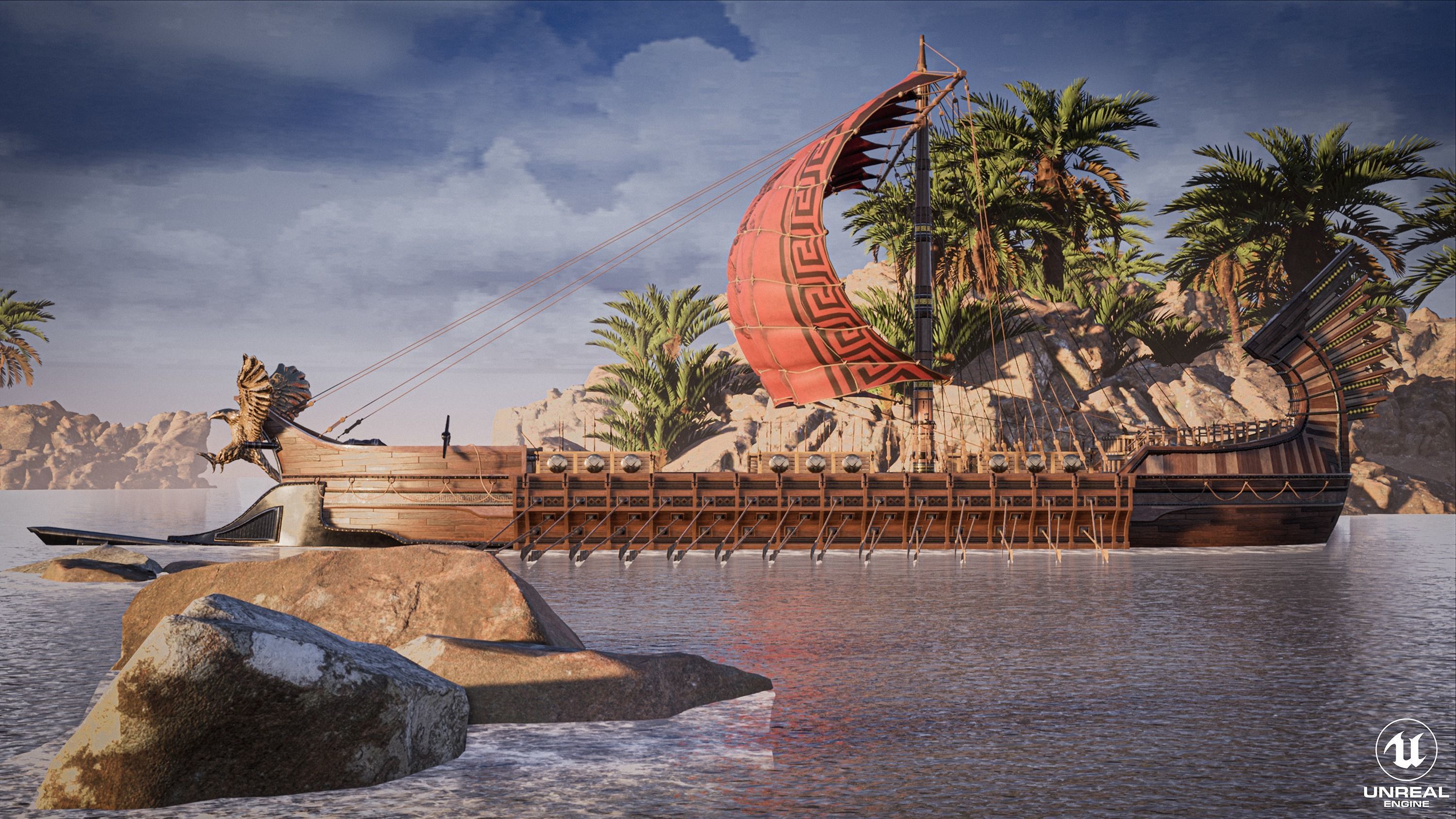 3D model High Quality Antique Trireme Ship with interior VR / AR / low ...