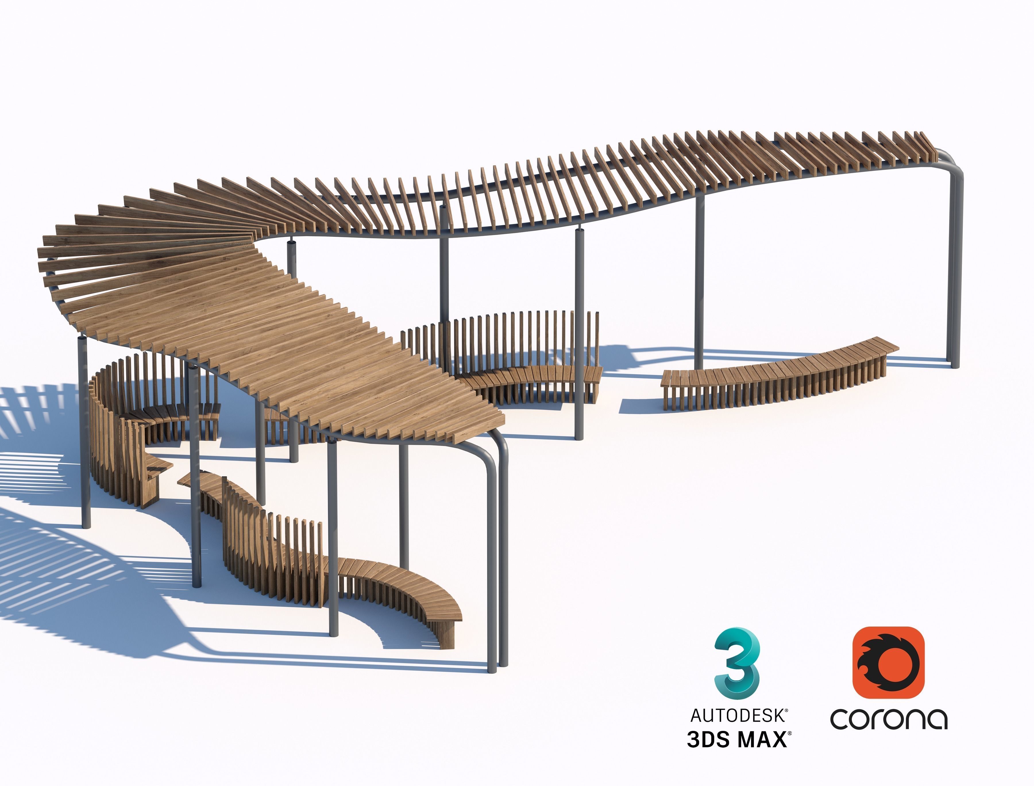 parametric wooden park bench and pergola 3D model | CGTrader