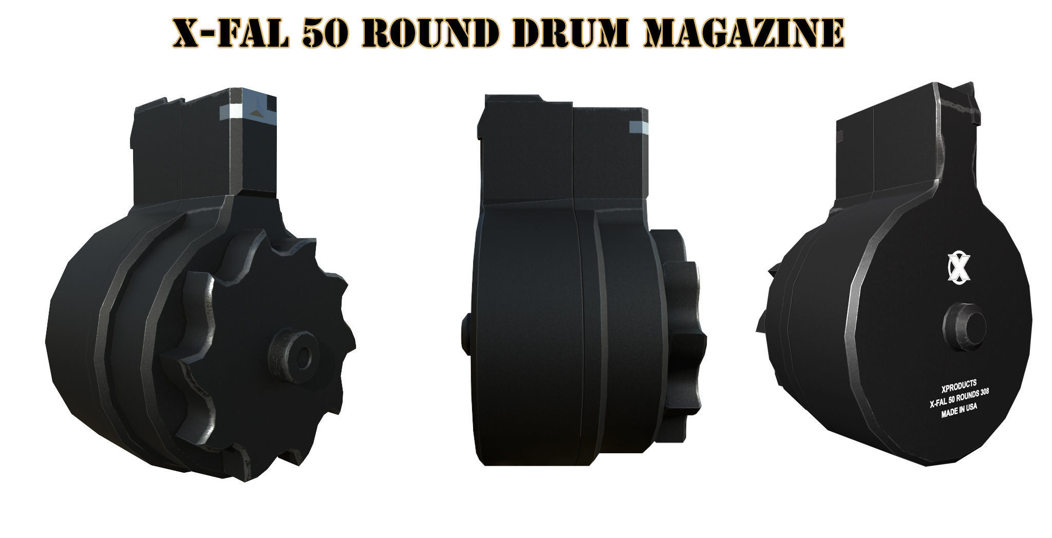3D model X FAL 50 Round Drum Magazine For 308 Rifles Low Poly PBR VR ...