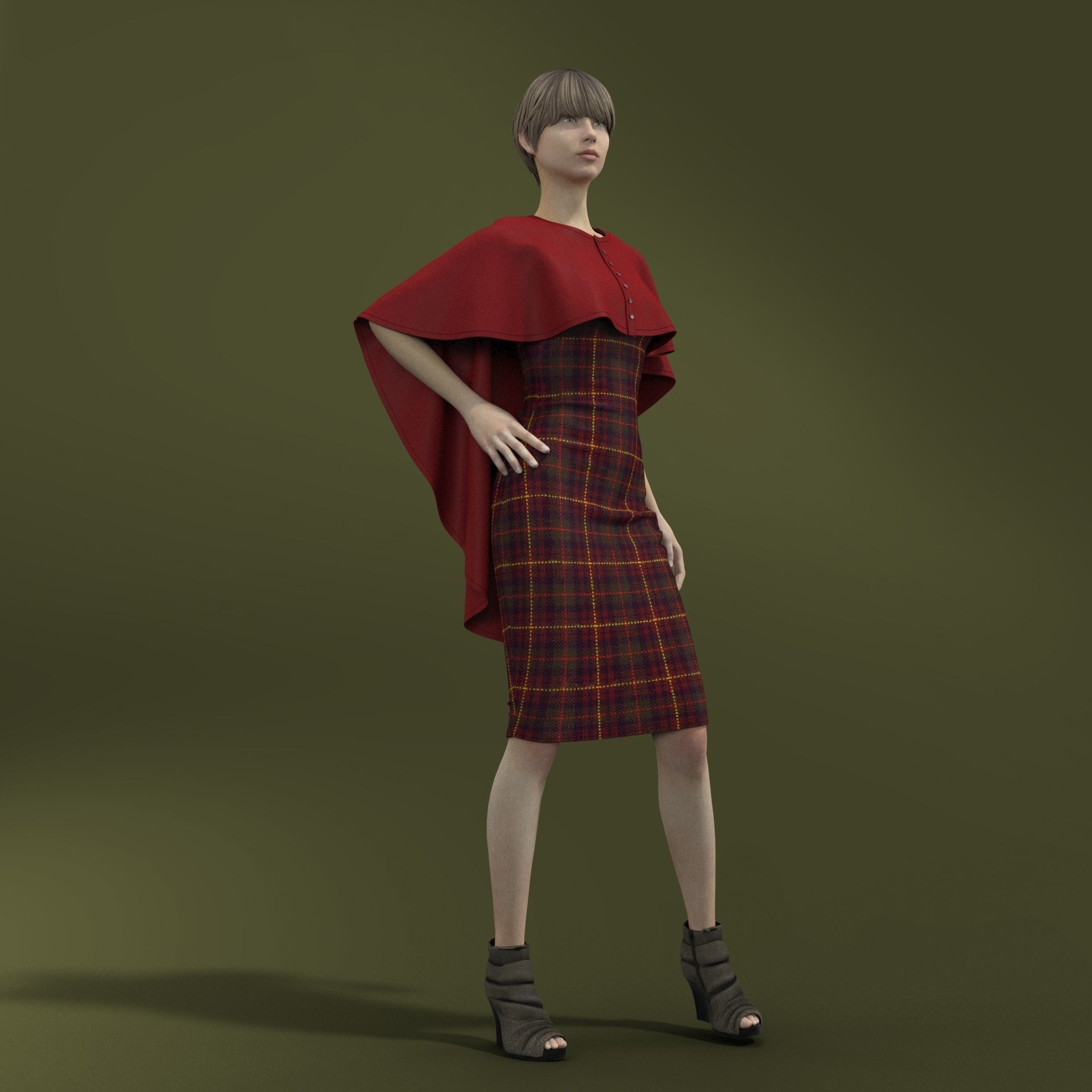 poncho woman in plaid dress 3D model | CGTrader
