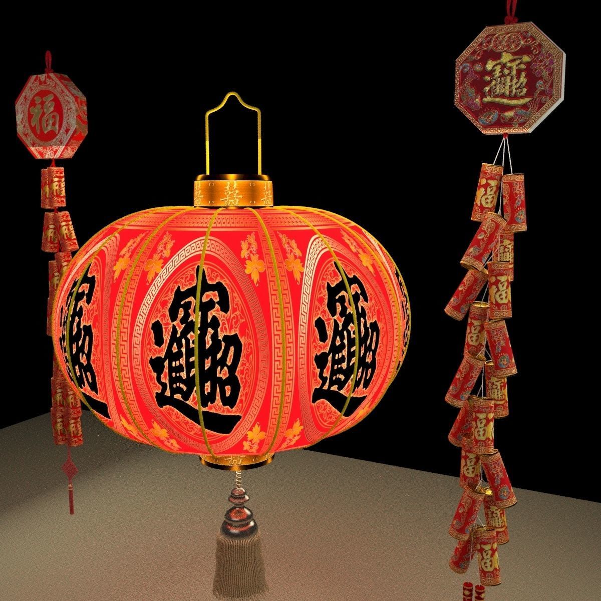 Chinese red lantern with firecracker 3D model | CGTrader