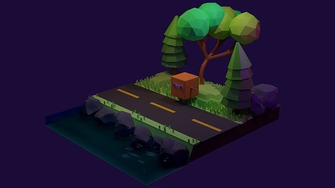 Low poly and isometric Road with trees and river 3D model | CGTrader